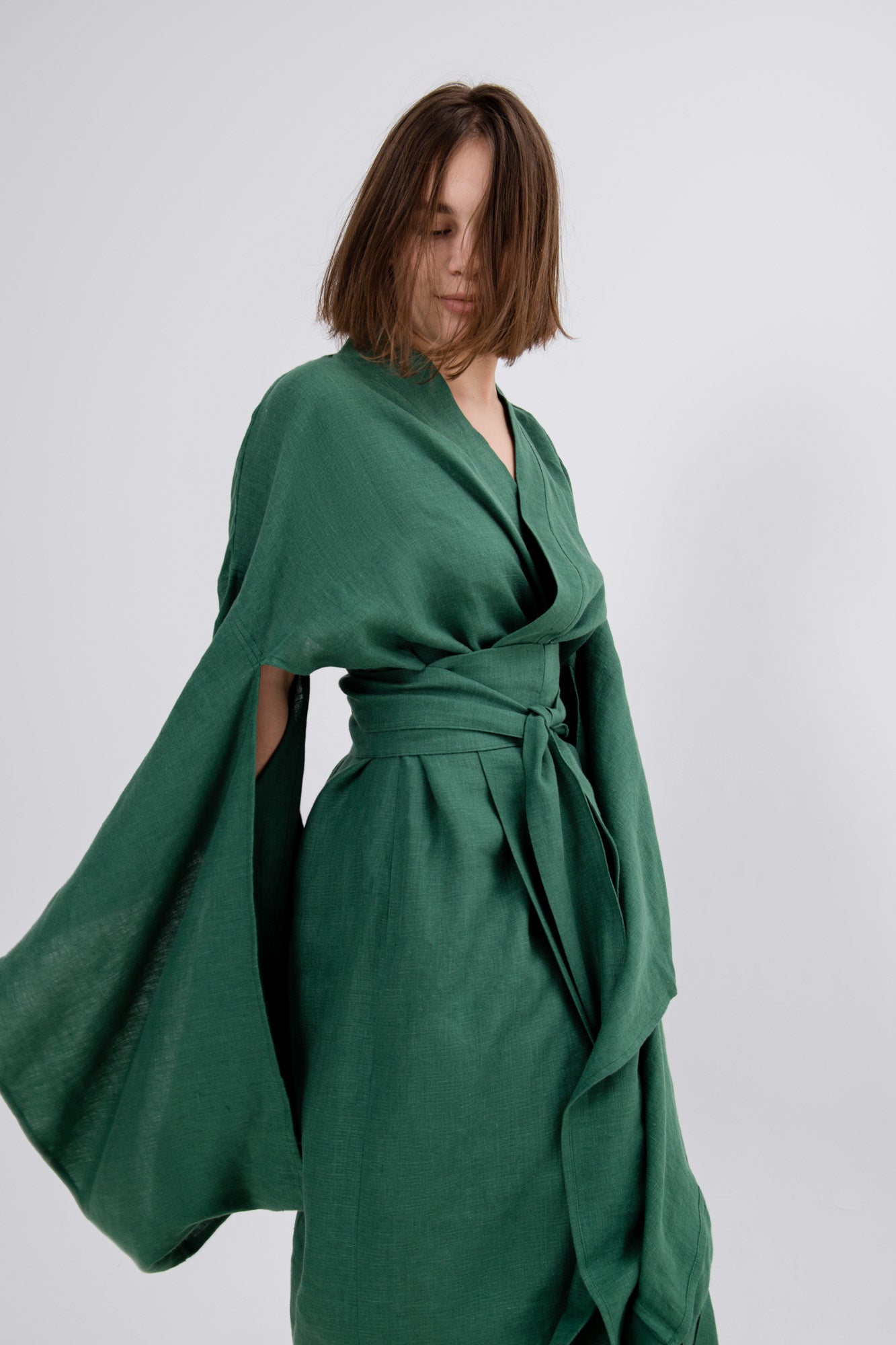 Wrapped dress with long traditional Japanese kimono sleeves